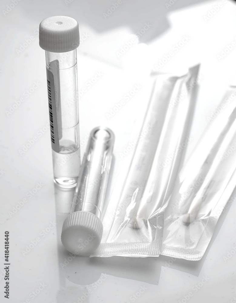 Covid-19 home testing kit with swabs and tubes foto de Stock | Adobe Stock