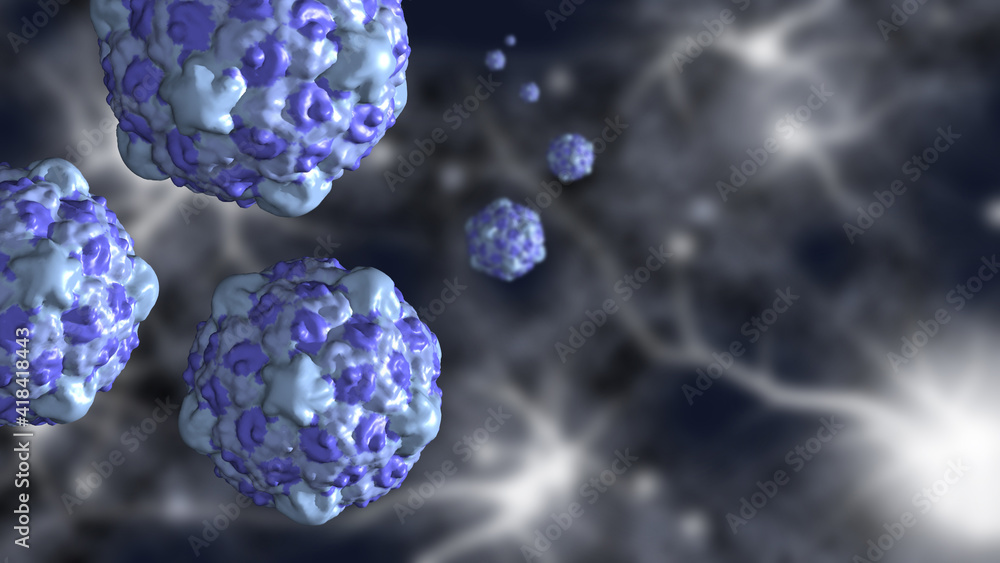 Polio RNA virus; polio virus particles against black and white ...