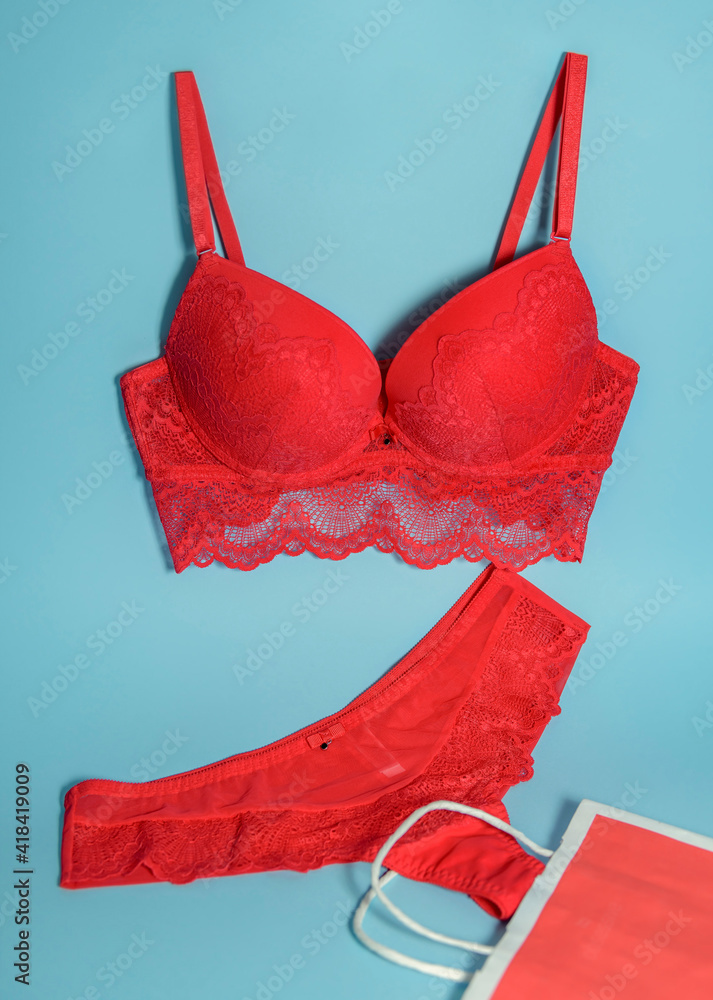Sexy lingerie of red color on a blue background. Set of womens lingerie ...