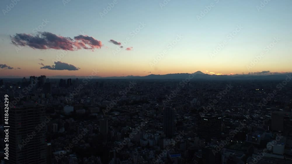 TOKYO, JAPAN : Aerial view of sunrise CITYSCAPE and MOUNT FUJI. Rising ...