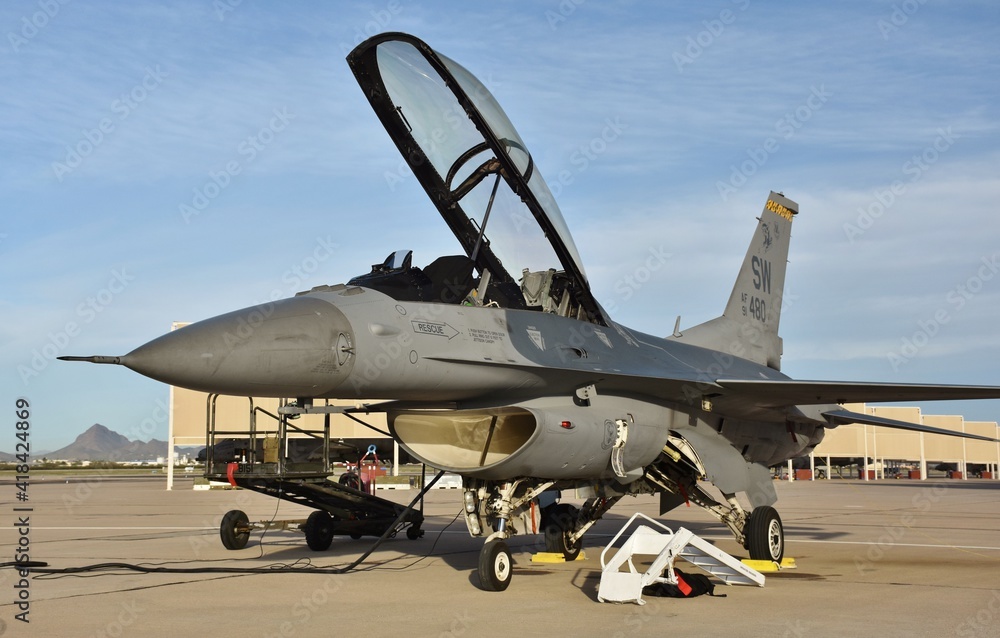 An Air Force F-16 Viper/Fighting Falcon with open canopy Stock Photo ...