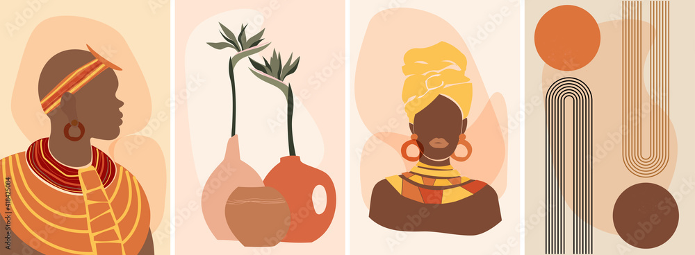 A set of artistic abstract minimalistic illustrations in the African ...
