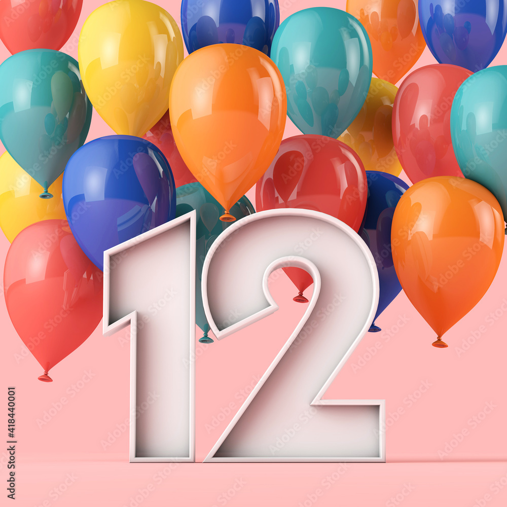 Happy 12th birthday background with colourful balloons. 3D Rendering ...
