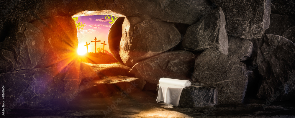 Poster Empty Tomb With Linen Cloth At Sunrise With Sunlight Shining Through The Open Do – Wall ...