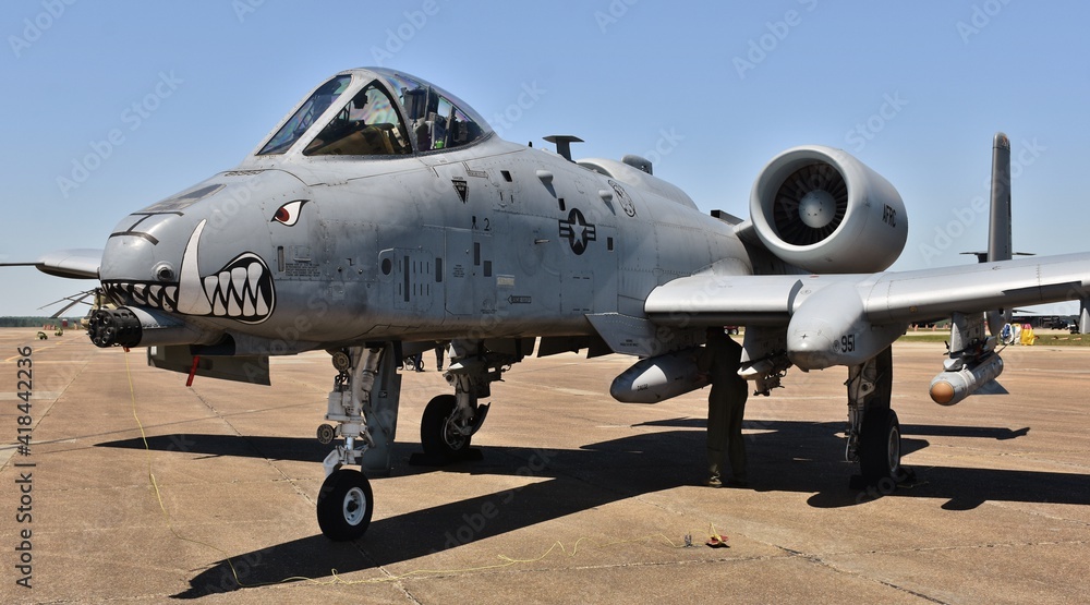 An Air Force A-10 Warthog/Thunderbolt II parked on a runway. Stock ...