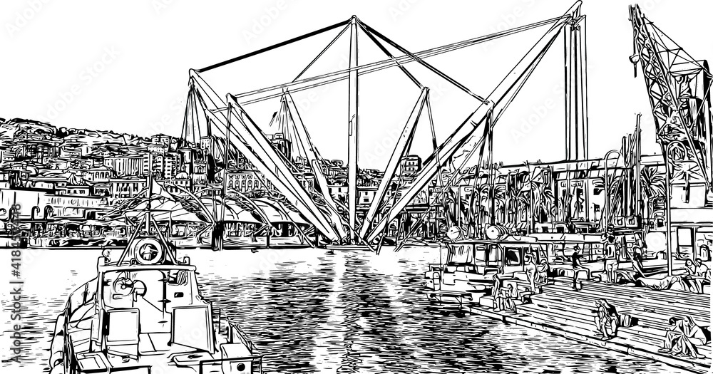 Building view with landmark of Genoa is the city in Italy. Hand drawn ...