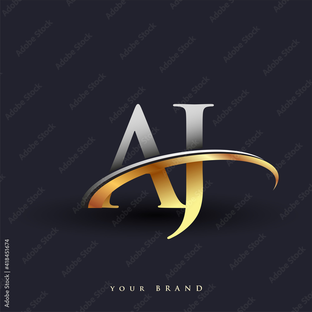 AJ initial logo company name colored gold and silver swoosh design ...