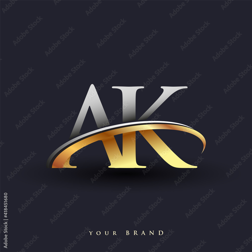 AK initial logo company name colored gold and silver swoosh design ...