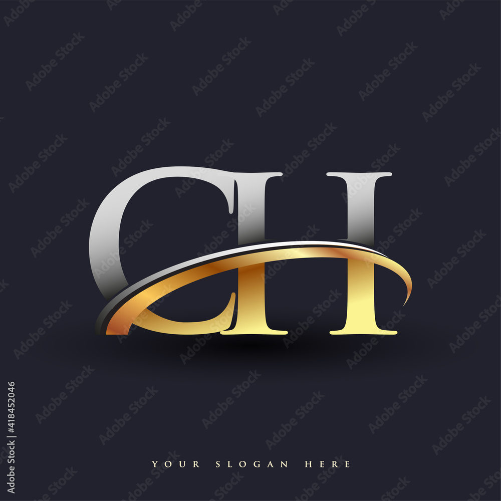 CH initial logo company name colored gold and silver swoosh design ...