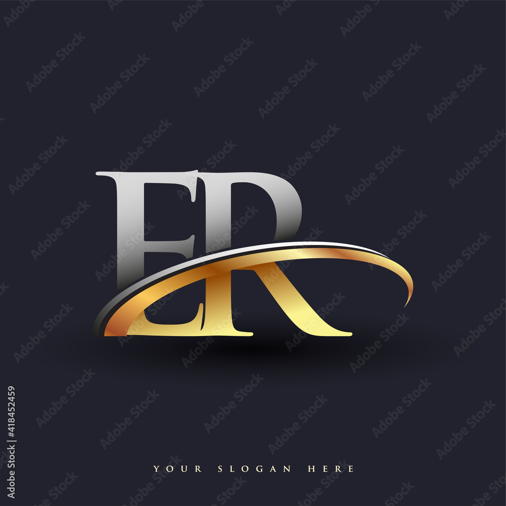 ER initial logo company name colored gold and silver swoosh design, isolated on white background ...
