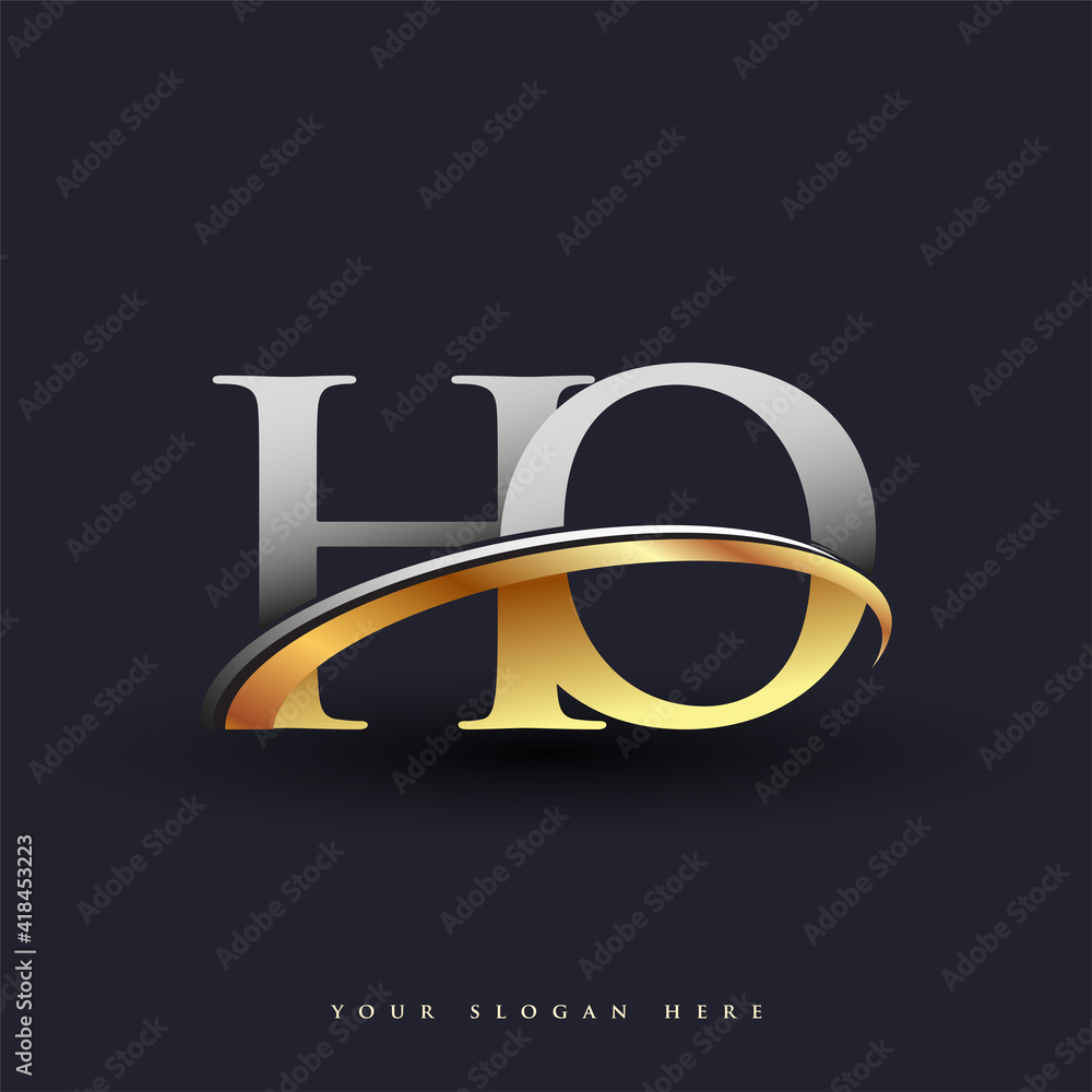 HO initial logo company name colored gold and silver swoosh design ...