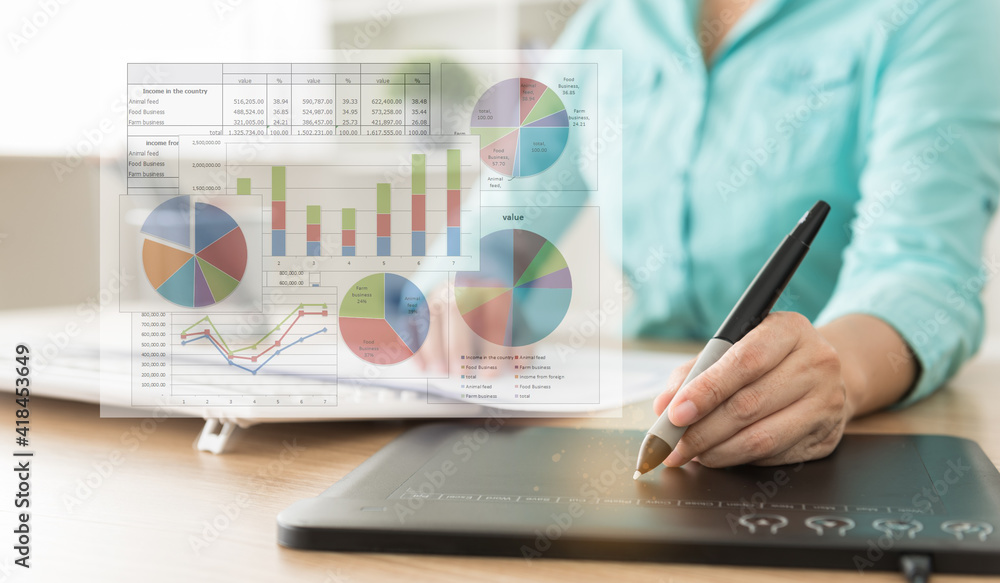 women using touchpad computer with financial report spreadsheet virtual ...