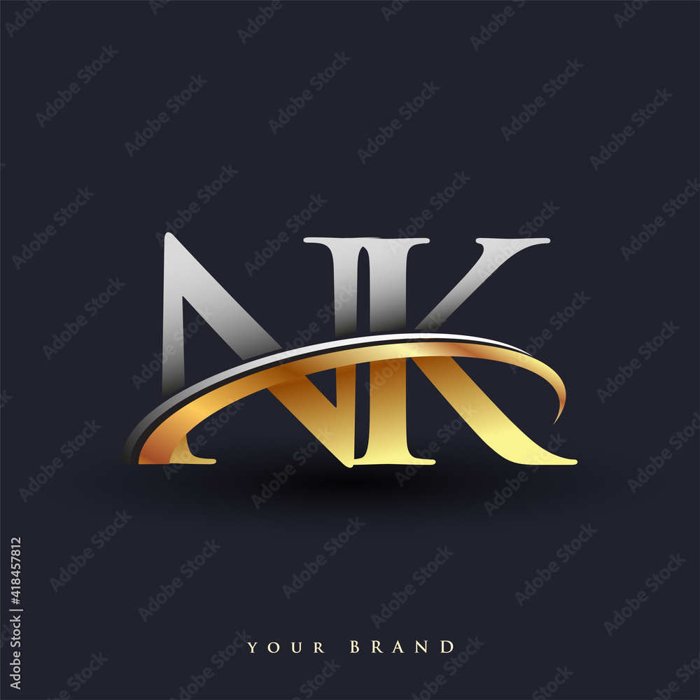 NK initial logo company name colored gold and silver swoosh design ...