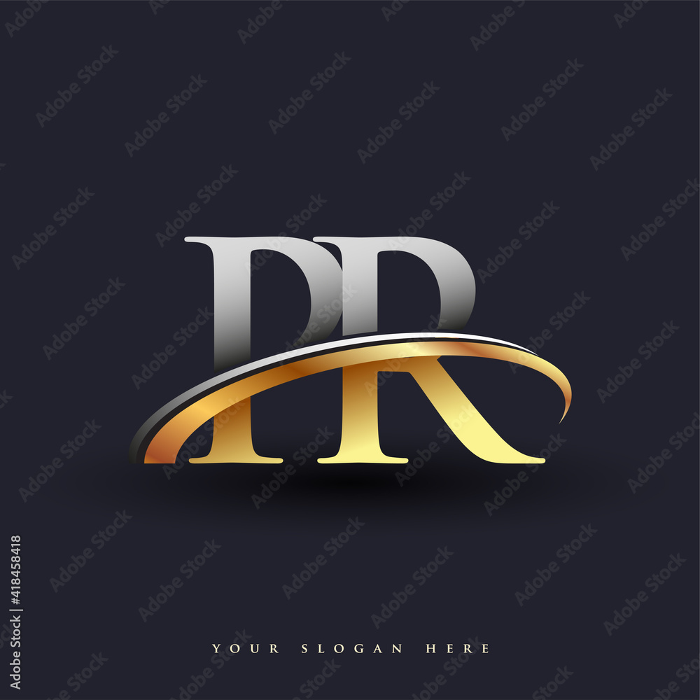 PR initial logo company name colored gold and silver swoosh design ...