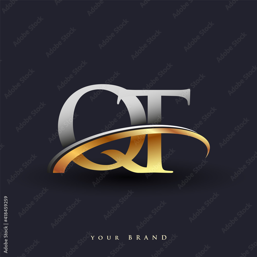QT initial logo company name colored gold and silver swoosh design ...