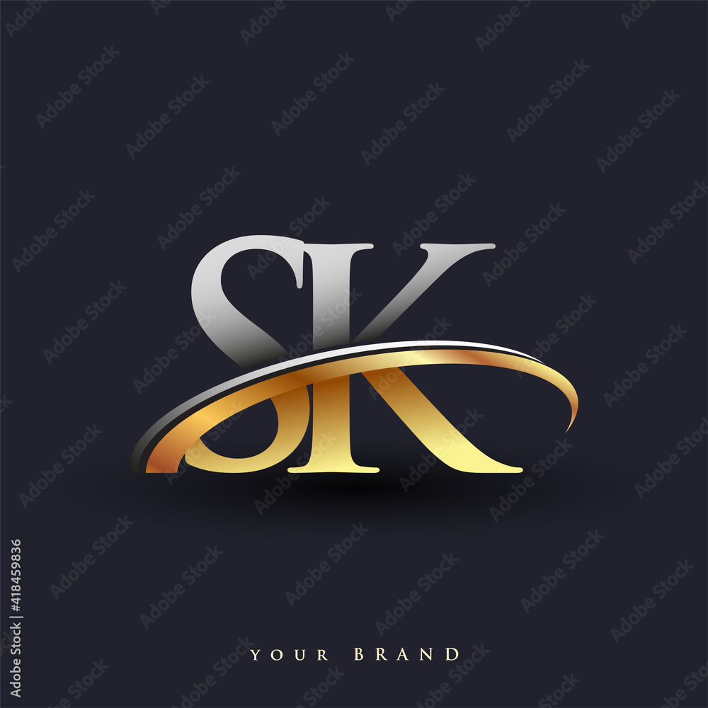SK initial logo company name colored gold and silver swoosh design ...
