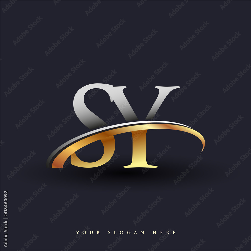 SY initial logo company name colored gold and silver swoosh design ...