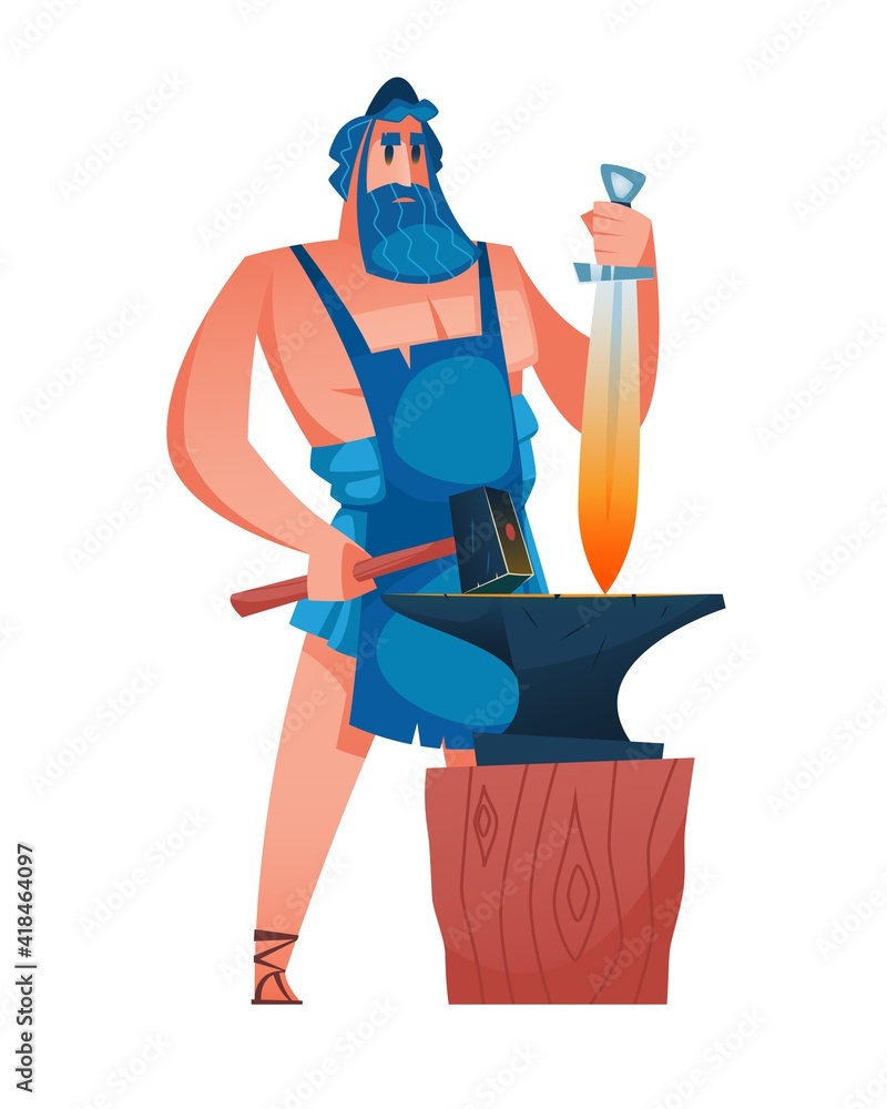 Hephaestus. Ancient greek god with a hammer in one hand and a sword in ...