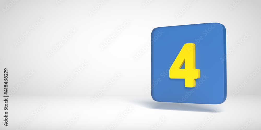 3D render numbers collection: Yellow no. 4, four, in blue flat box ...