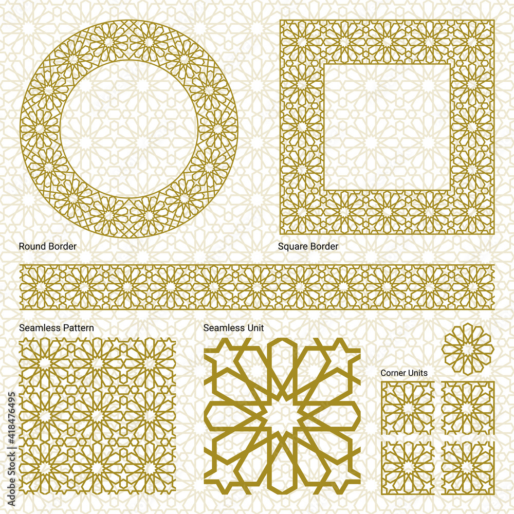 Ornament border, square frame, circle frame and a seamless Andalusian ...