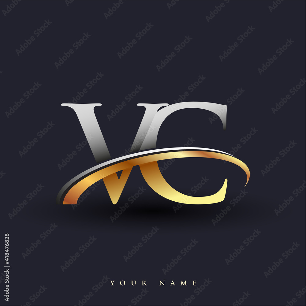 VC initial logo company name colored gold and silver swoosh design ...