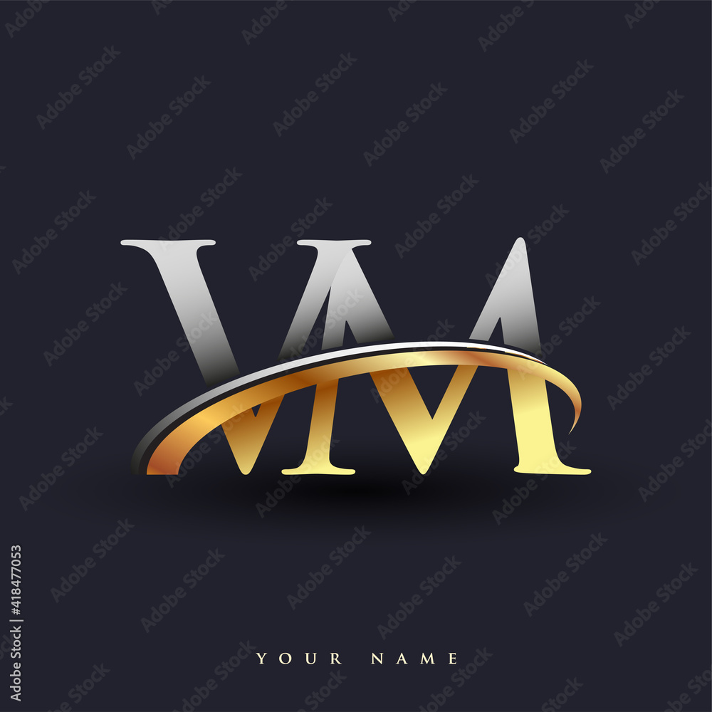 VM initial logo company name colored gold and silver swoosh design ...