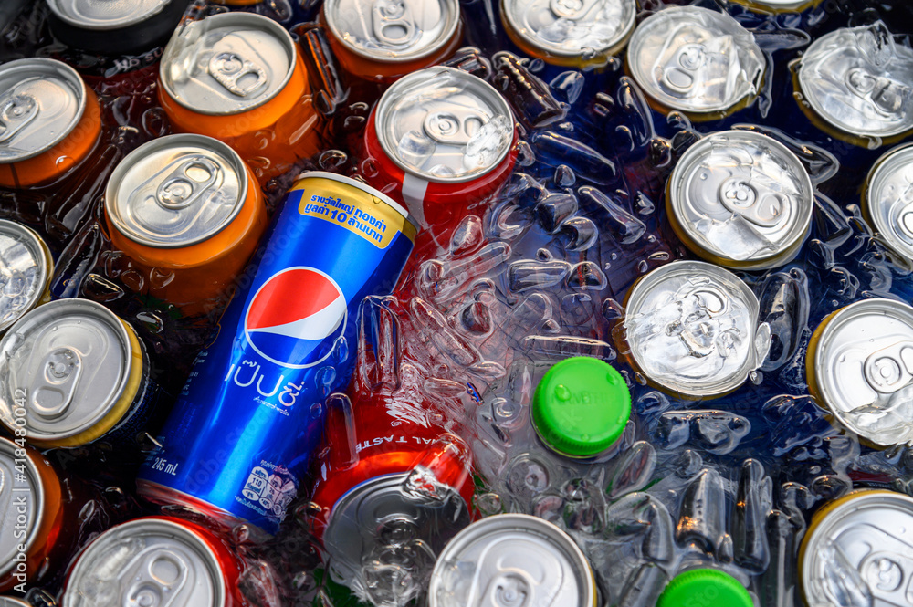 Pepsi Cola can and ice soft drink cans on ice in the bucket. Stock ...