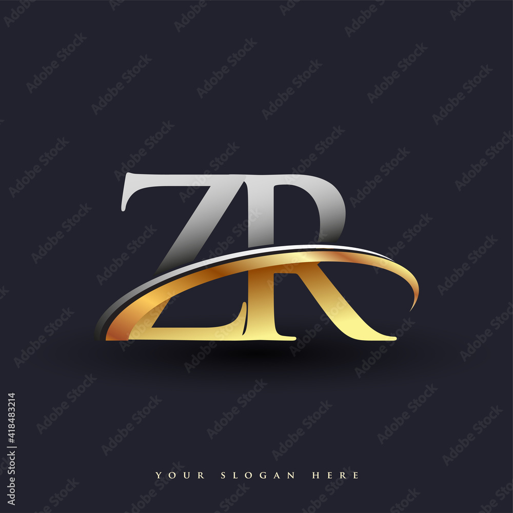 ZR initial logo company name colored gold and silver swoosh design ...