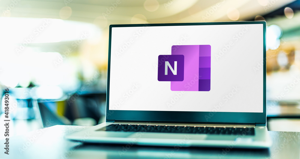 Laptop computer displaying logo of Microsoft OneNote Stock Photo ...