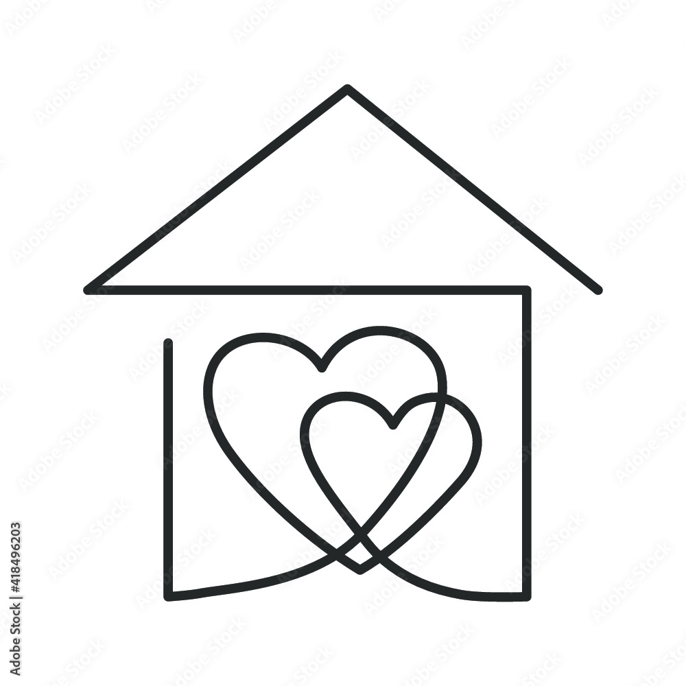 Continuous one line drawing of two hearts inside house, meaning care ...