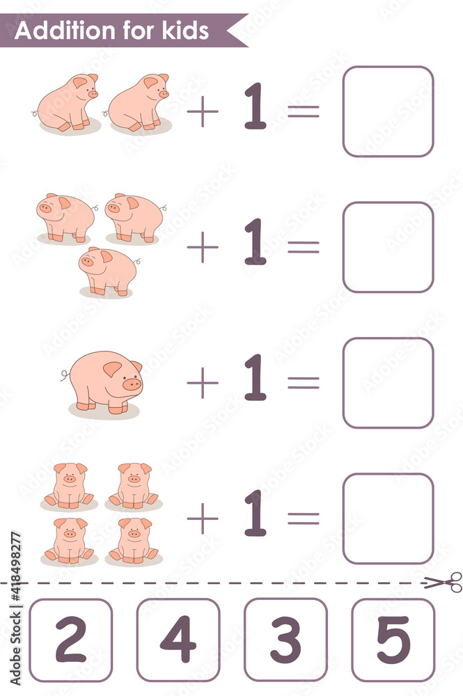 Addition game with cute pigs. Math game for kids. Solve the equations ...