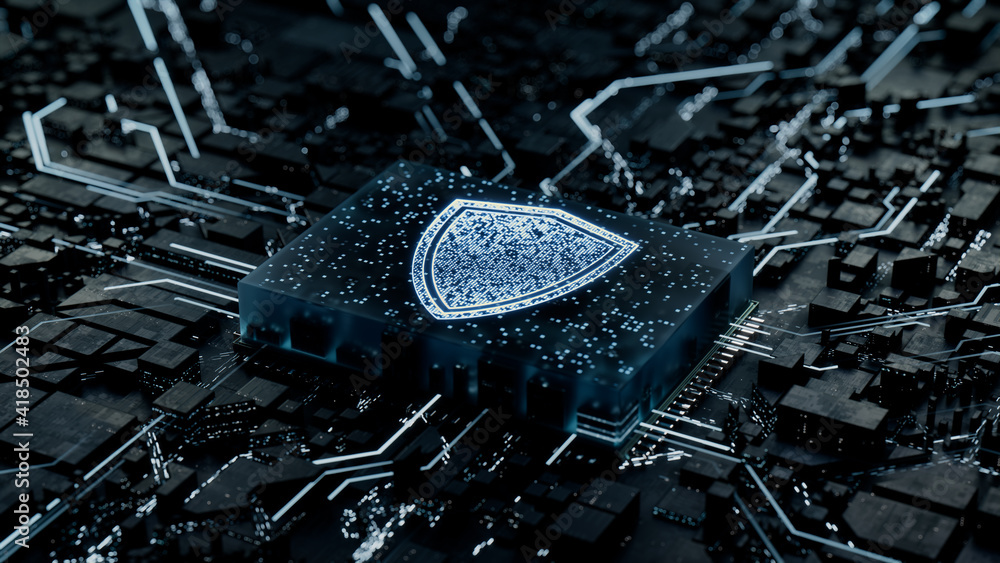 Security Technology Concept with shield symbol on a Microchip. Data flows from the CPU across a ...