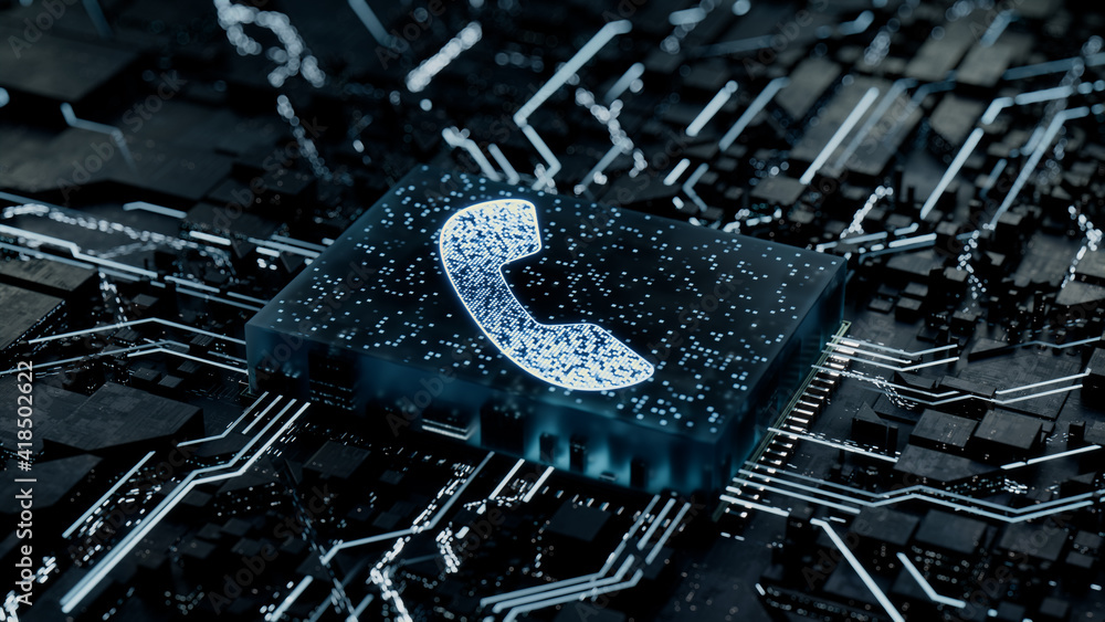 Communication Technology Concept with phone symbol on a Microchip. Data ...