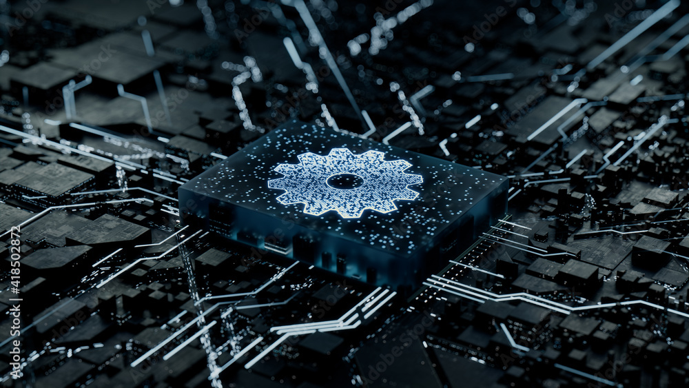 Configure Technology Concept with cog symbol on a Microchip. Data flows ...