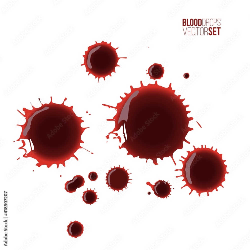Blood drops. Red splattered stains, splash, drip liquid spots vector ...