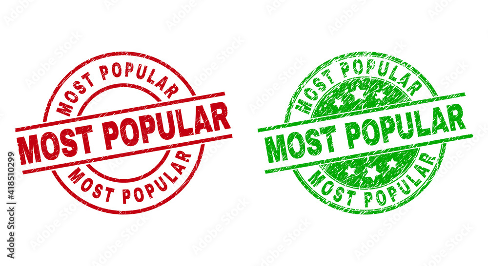 Round MOST POPULAR stamp badges. Flat vector grunge badges with MOST ...