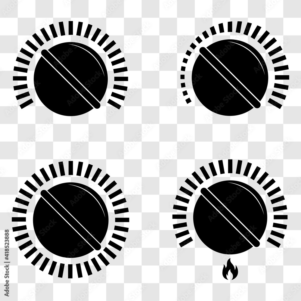 Black cooking stove heat knobs icon set. Kitchen gas dial symbol ...