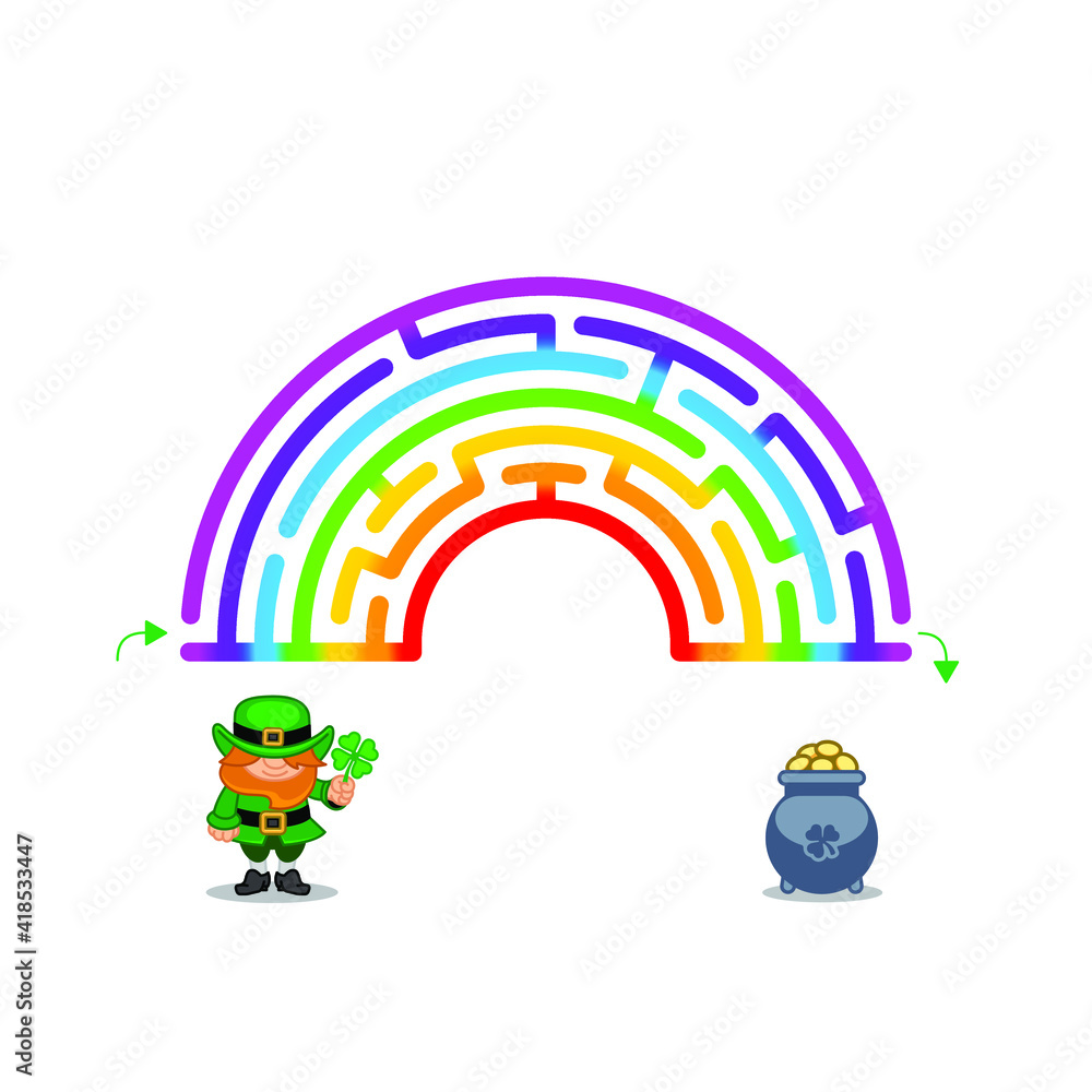 Abstract maze rainbow. St.Patrick's Day. Help the leprechaun find coin ...