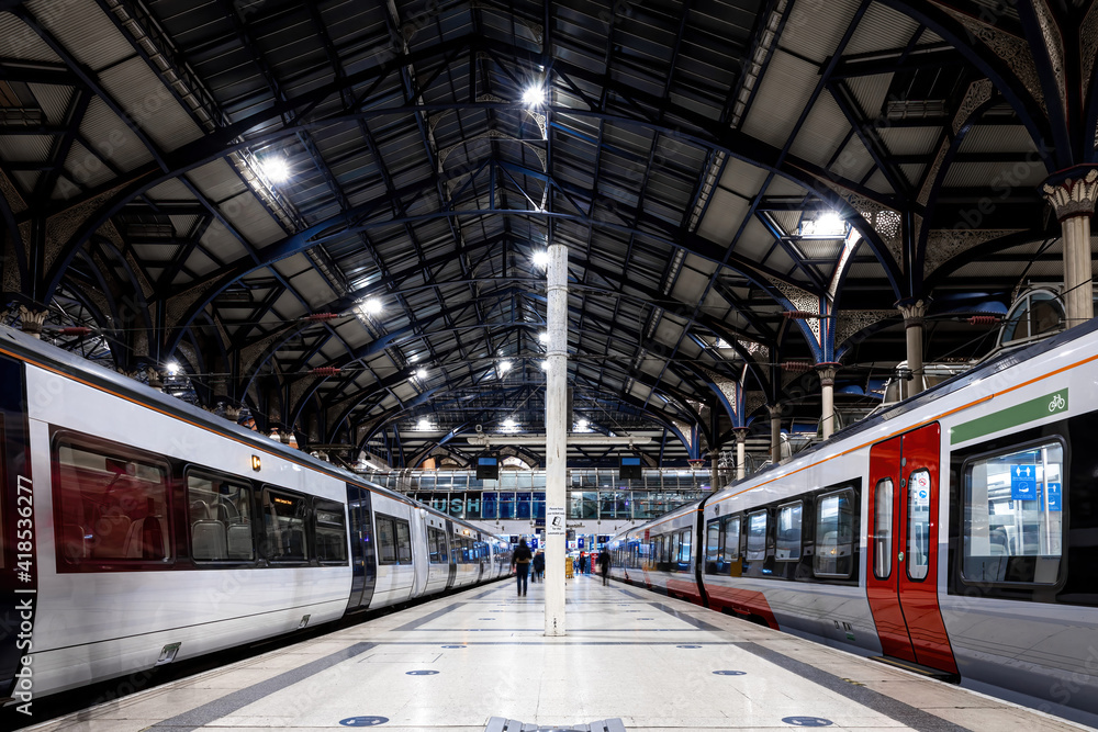 Train at Liverpool Street station, a central London railway terminus in ...