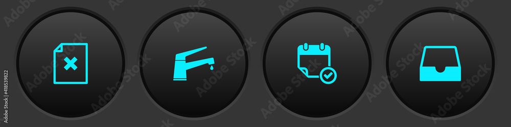 Set Delete file document, Water tap, Calendar with check mark and Social media inbox icon ...