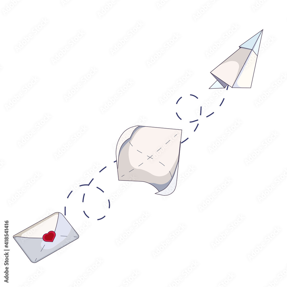 Dynamic of love letter to a paper plane on white isolated background ...