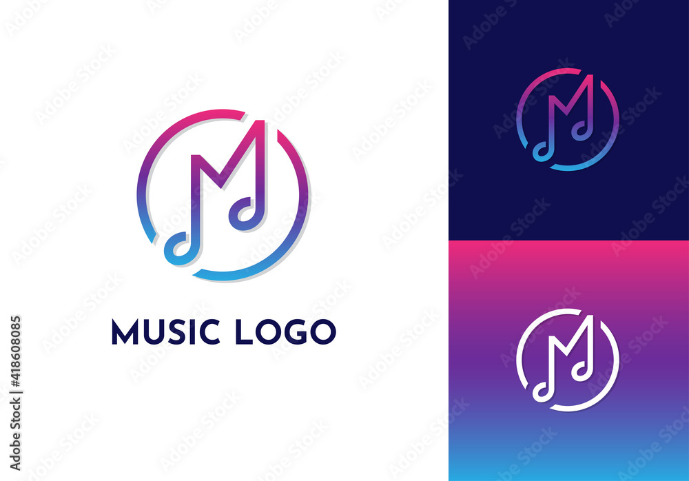 Music logo concept with two musical notes in an M letter shape. Stock ...