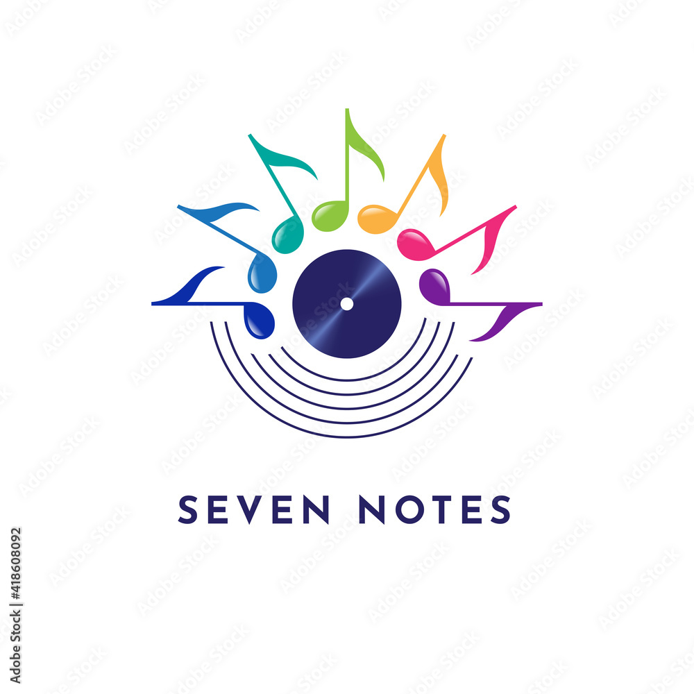 Music logo with colorful musical notes and a vinyl record. Stock Vector ...