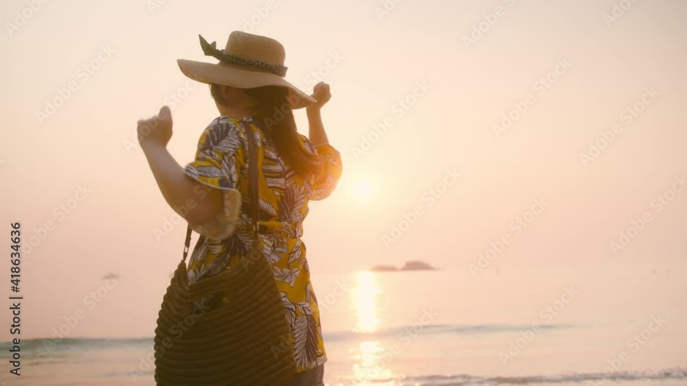 happiness young Asian Chinese girl female white sundress and hat ...