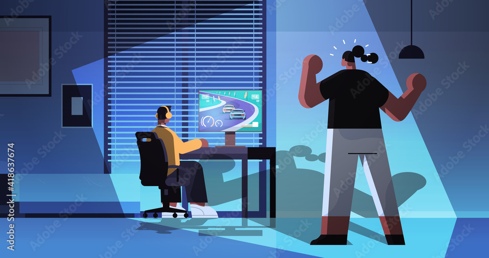 angry mother shouting at son virtual gamer playing video game on ...