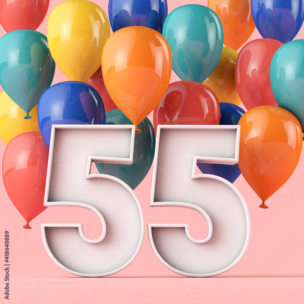 Happy 55th birthday background with colourful balloons. 3D Rendering ...