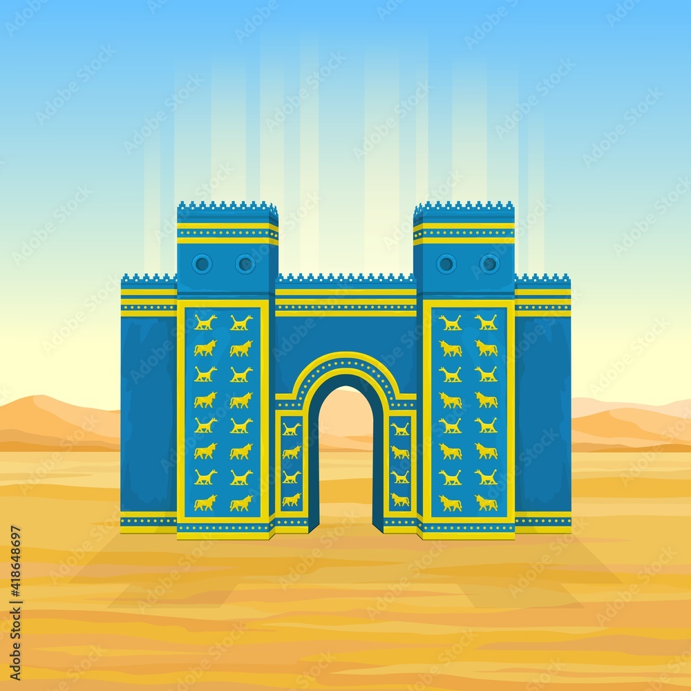 Cartoon color drawing: Ishtar Gate. Ancient sacred temple. Symbols of ...