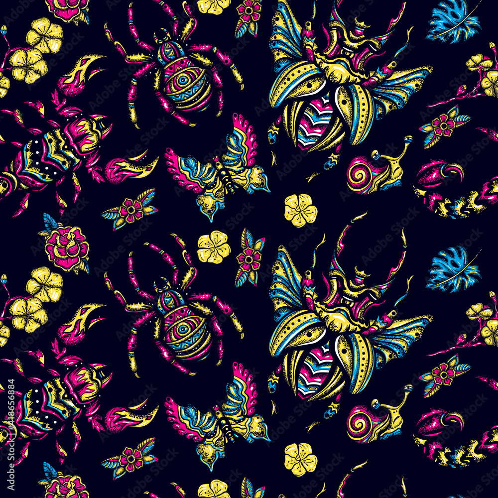 Insects background. Stag beetle, butterfly, snail, scorpion and spider ...