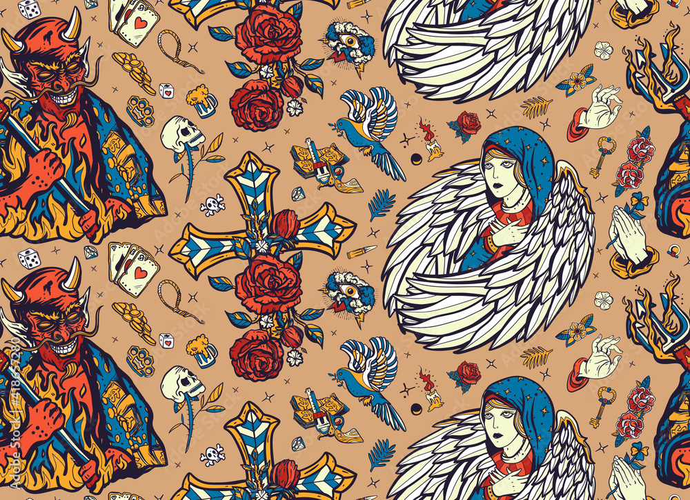 Angel and demon seamless pattern. Paradise and Hell art. Terrible satan ...