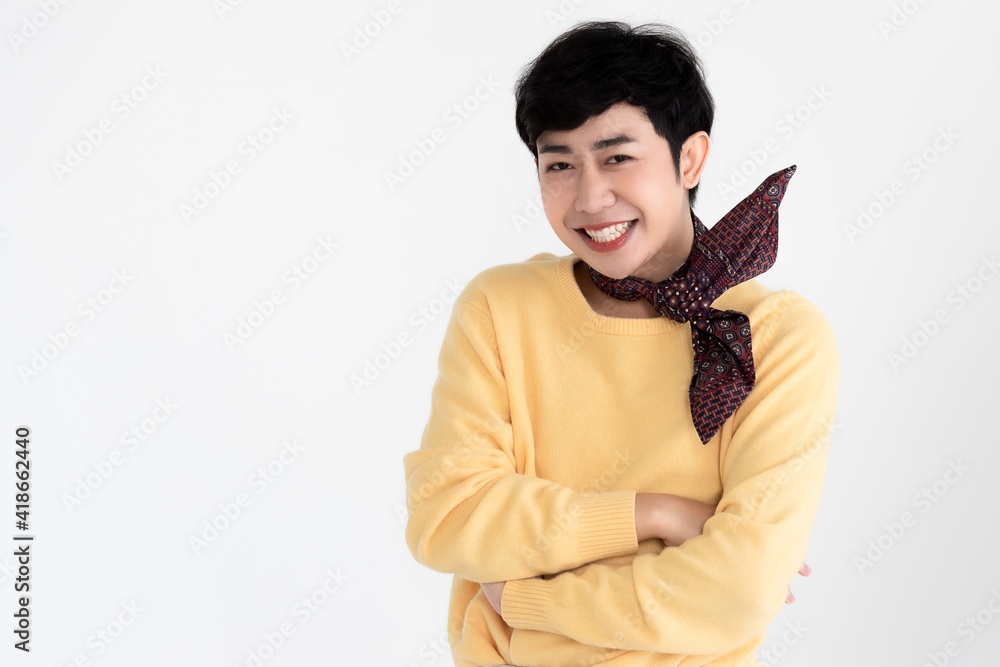 Portrait of transgender man LGBTQ being as woman gesture posing with ...